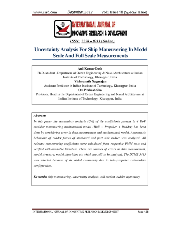 (PDF) Uncertainty Analysis for Ship Maneuvering in Model Scale and Full ...