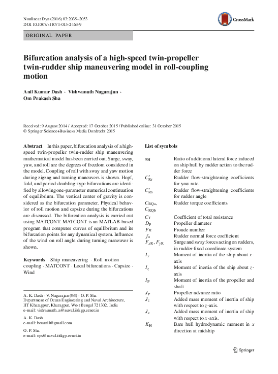 (PDF) Bifurcation analysis of a high-speed twin-propeller twin-rudder ship maneuvering model in ...