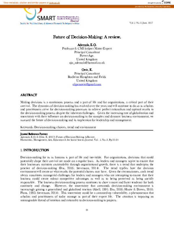 (PDF) Future of Decision-Making: A review