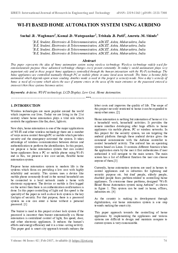 (PDF) Wi-Fi Based Home Automation System Using Aurdino