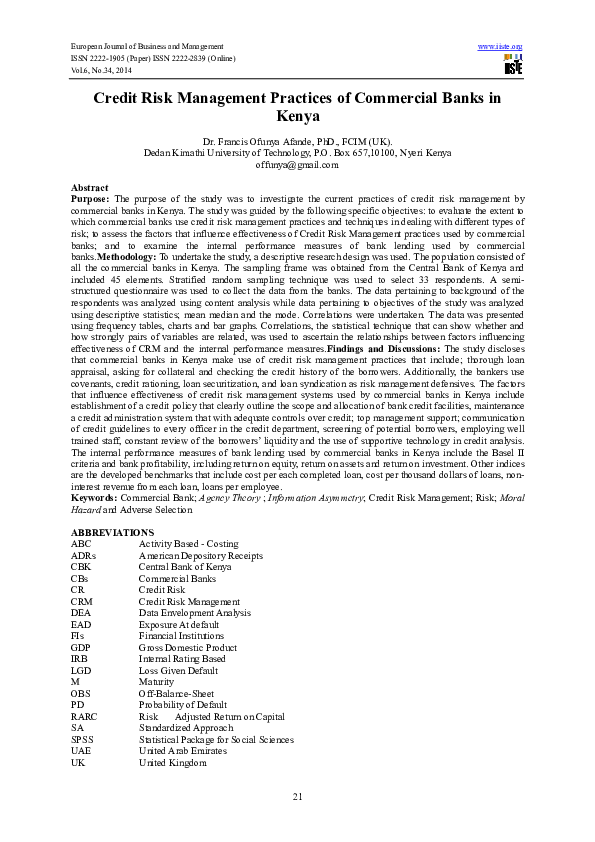 (PDF) Credit Risk Management Practices of Commercial Banks in Kenya