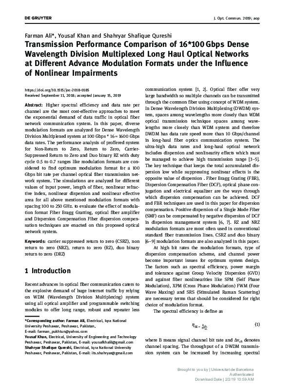 (PDF) Transmission Performance Comparison of 16*100 Gbps Dense Wavelength Division Multiplexed ...
