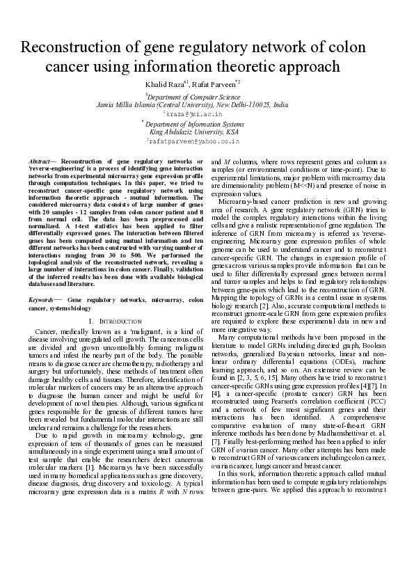 (PDF) Reconstruction of gene regulatory network of colon cancer using ...