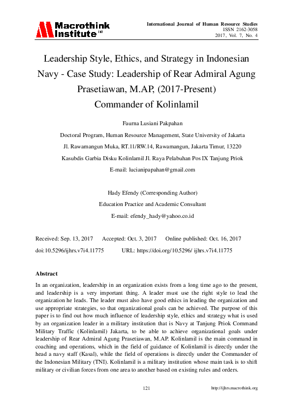 (PDF) Leadership Style, Ethics, and Strategy in Indonesian Navy - Case ...