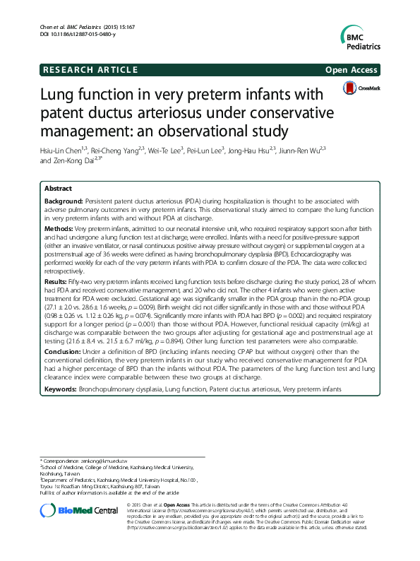 (PDF) Lung function in very preterm infants with patent ductus ...