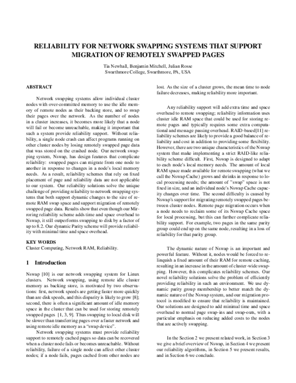 Pdf Reliability For Network Swapping Systems That Support Migration Of Remotely Swapped Pages