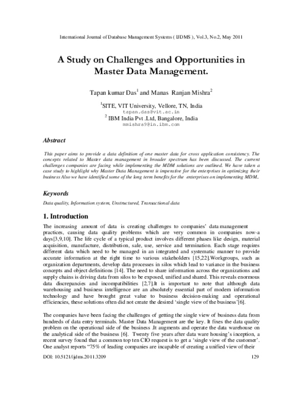 (PDF) A Study on Challenges and Opportunities in Master Data Management