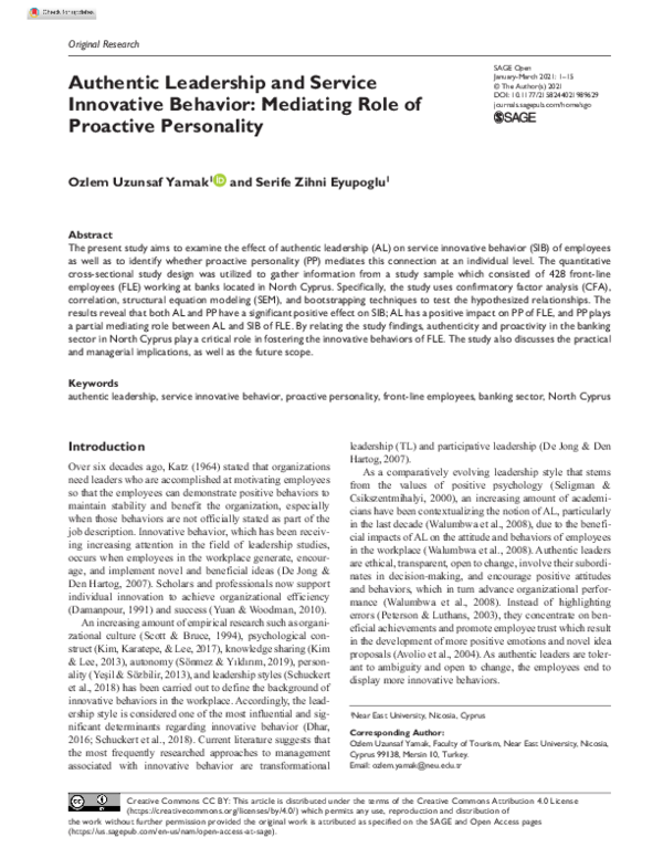 (PDF) Authentic Leadership and Service Innovative Behavior: Mediating Role of Proactive Personality