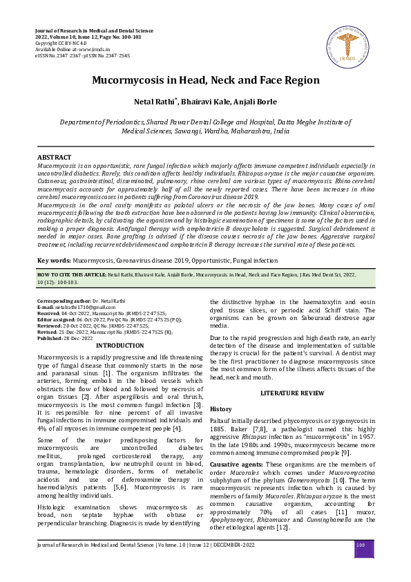 (PDF) Mucormycosis in Head, Neck and Face Region