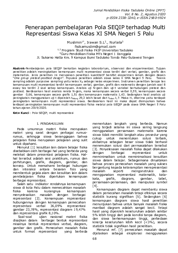 (PDF) Penerapan pembelajaran Pola SEQIP terhadap Multi Representasi ...