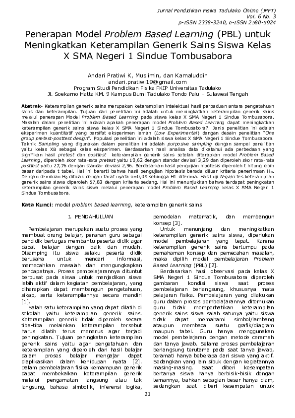 (PDF) Penerapan Model Problem Based Learning (PBL) untuk Meningkatkan Keterampilan Generik Sains ...
