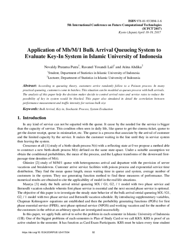 (PDF) Application of Mb/M/1 Bulk Arrival Queueing System to Evaluate Key-In System in Islamic ...