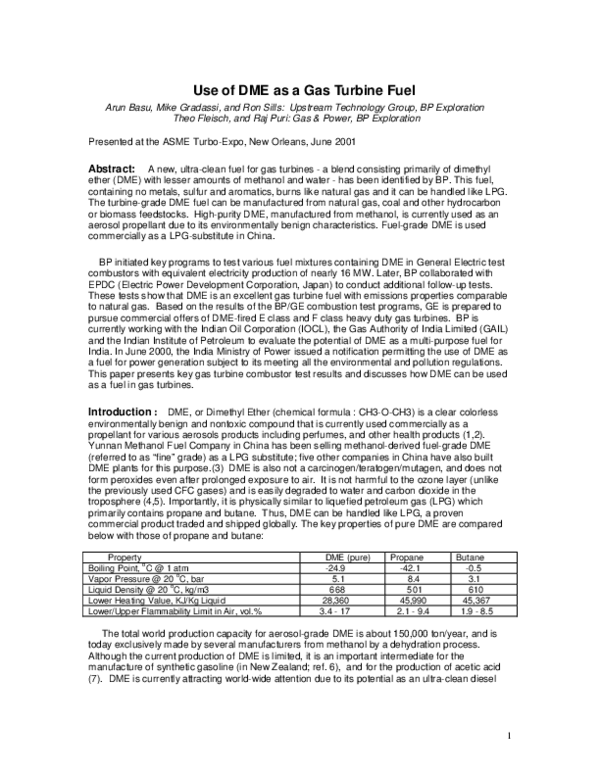 (PDF) Use of DME as a Gas Turbine Fuel