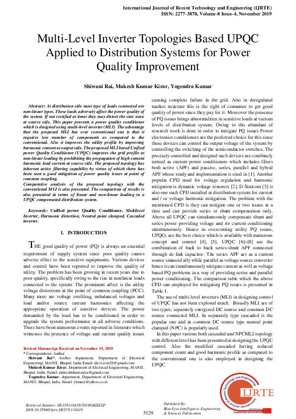 (PDF) Multi-Level Inverter Topologies Based UPQC Applied to Distribution Systems for Power ...