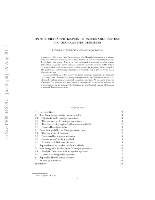 (PDF) On the characterization of integrable systems via the Haantjes ...