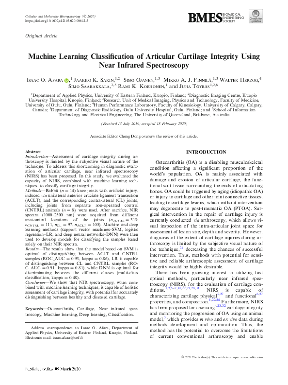(PDF) Machine Learning Classification of Articular Cartilage Integrity Using Near Infrared ...