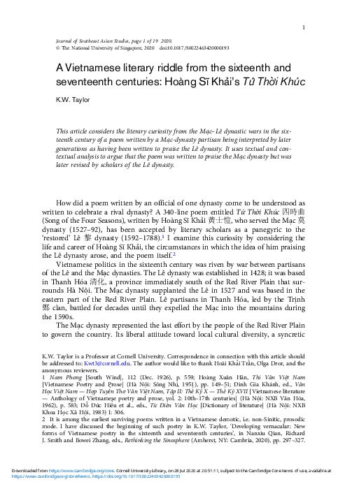 (PDF) A Vietnamese literary riddle from the sixteenth and seventeenth ...