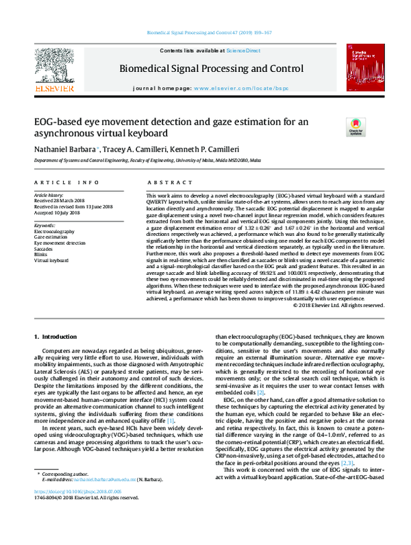 Pdf Eog Based Eye Movement Detection And Gaze Estimation For An Asynchronous Virtual Keyboard 