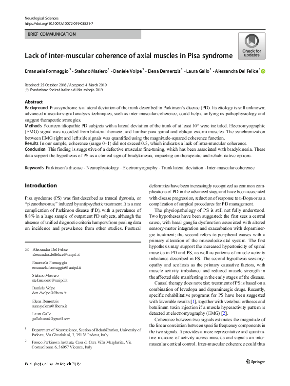 (PDF) Lack of inter-muscular coherence of axial muscles in Pisa syndrome
