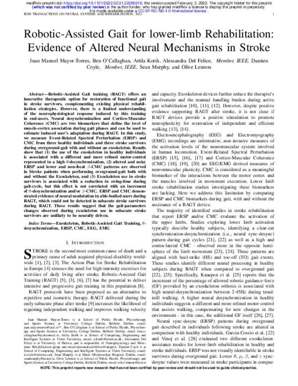 Robotic-Assisted Gait for lower-limb Rehabilitation: Evidence of Altered Neural Mechanisms in Stroke