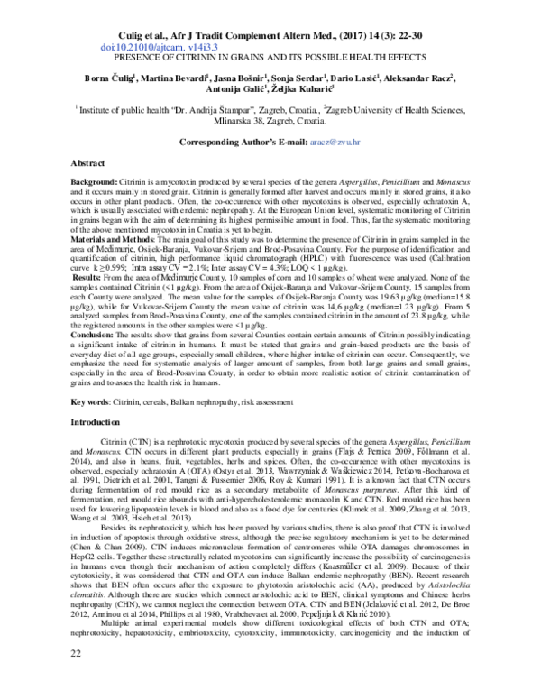 (PDF) Presence of Citrinin in Grains and Its Possible Health Effects