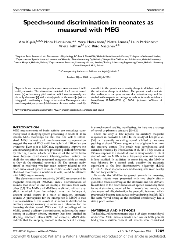 (PDF) Speech-sound discrimination in neonates as measured with MEG