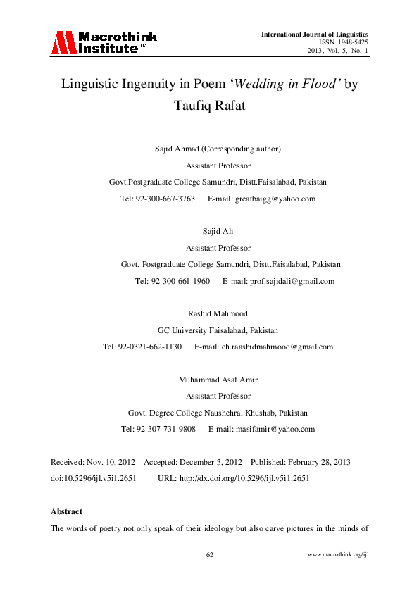 (PDF) Linguistic Ingenuity in Poem ‘Wedding in Flood’ by Taufiq Rafat