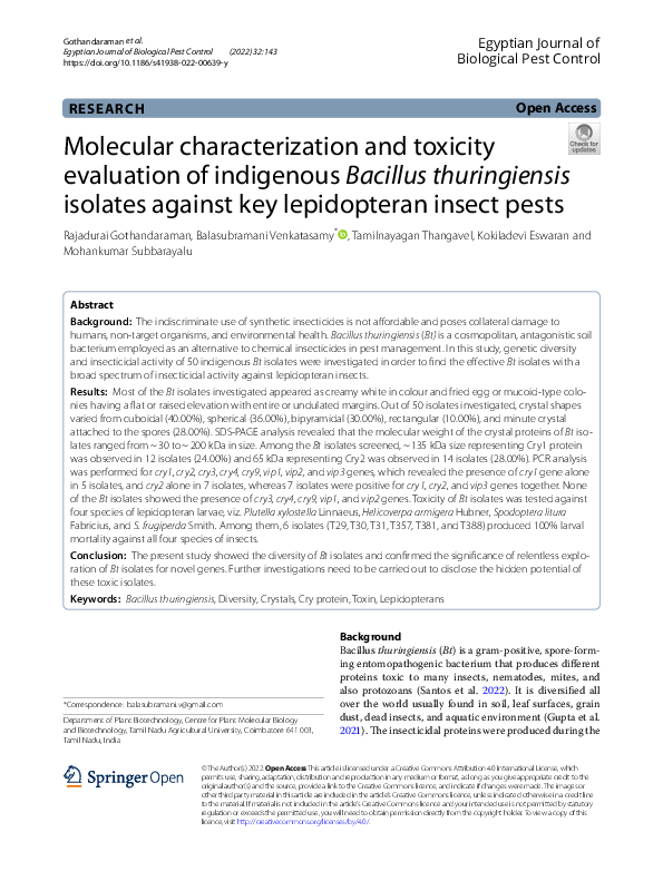 (PDF) Molecular characterization and toxicity evaluation of indigenous Bacillus thuringiensis ...