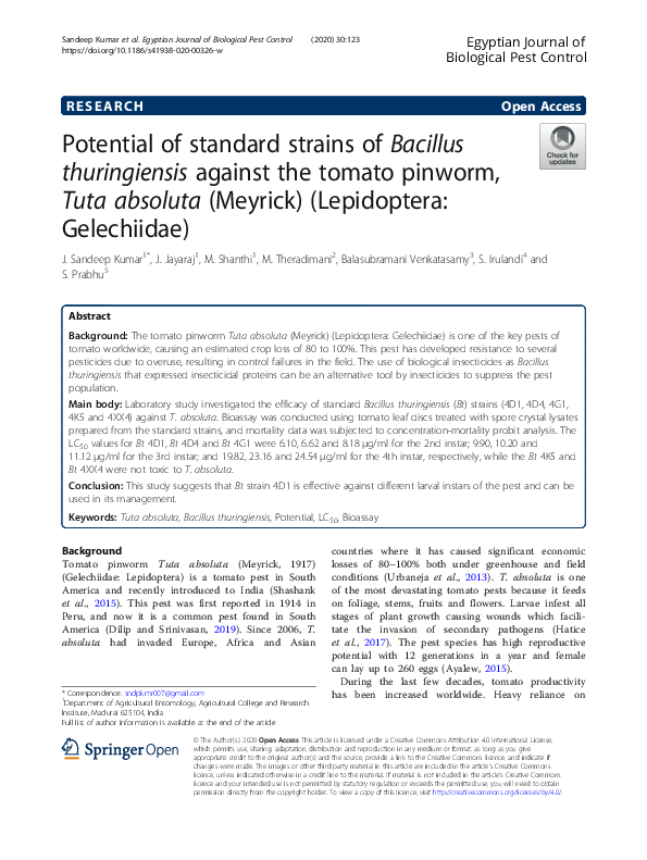 (PDF) Potential of standard strains of Bacillus thuringiensis against the tomato pinworm, Tuta ...