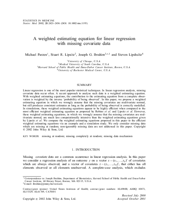 (PDF) A weighted estimating equation for linear regression with missing covariate data