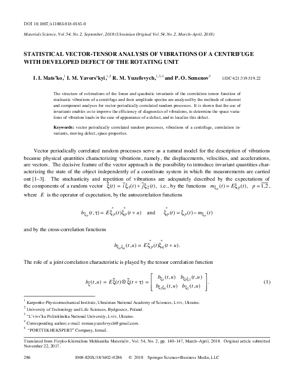 (PDF) Statistical Vector-Tensor Analysis of Vibrations of a Centrifuge with Developed Defect of ...