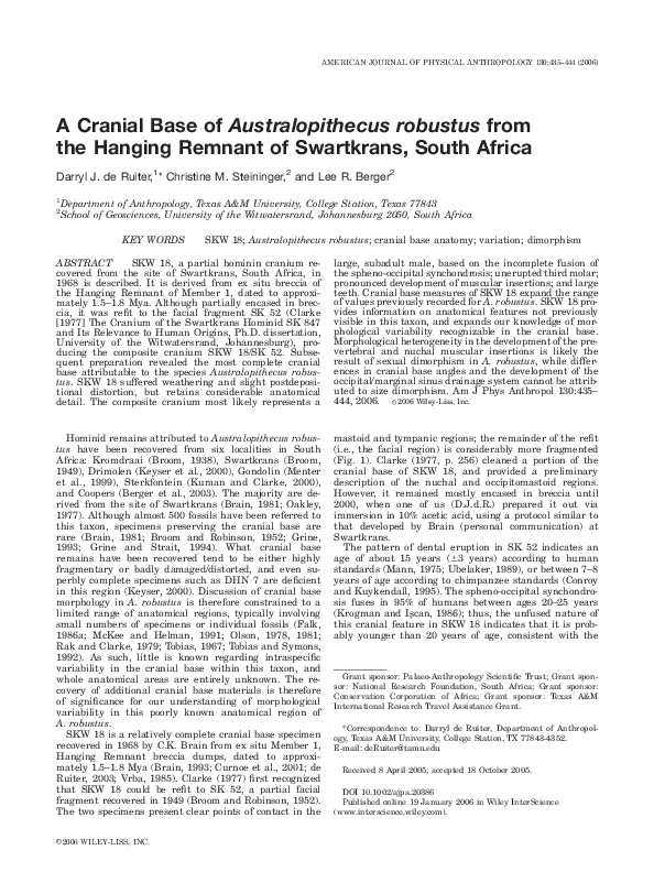 (PDF) A cranial base ofAustralopithecus robustus from the hanging ...