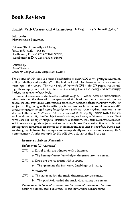 (PDF) English Verb Classes and Alternations: A Preliminary Investigation