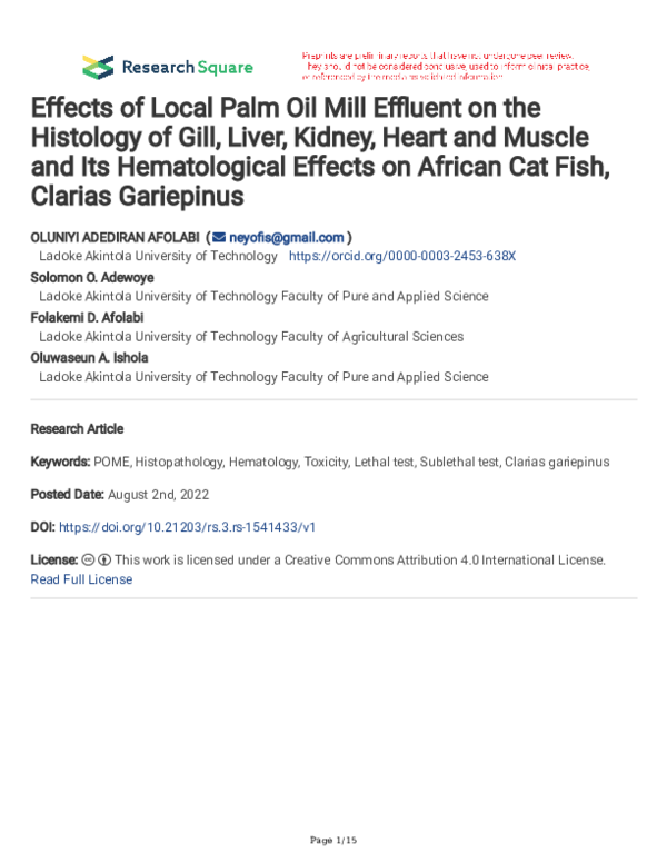 (PDF) Effects of Local Palm Oil Mill Effluent on the Histology of Gill ...