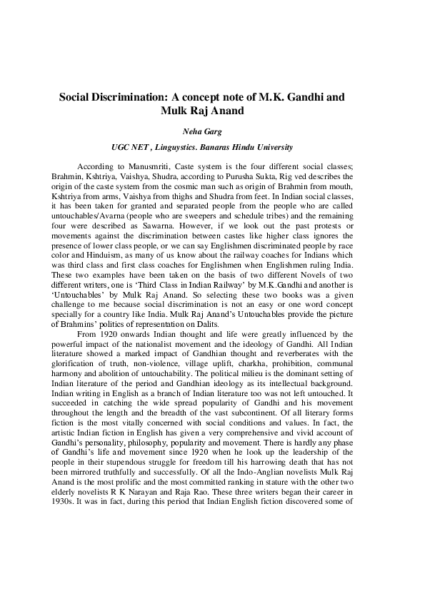 (PDF) Social Discrimination: A concept note of M.K. Gandhi and Mulk Raj ...