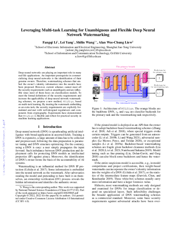 (PDF) Leveraging Multi-task Learning for Umambiguous and Flexible Deep Neural Network Watermarking