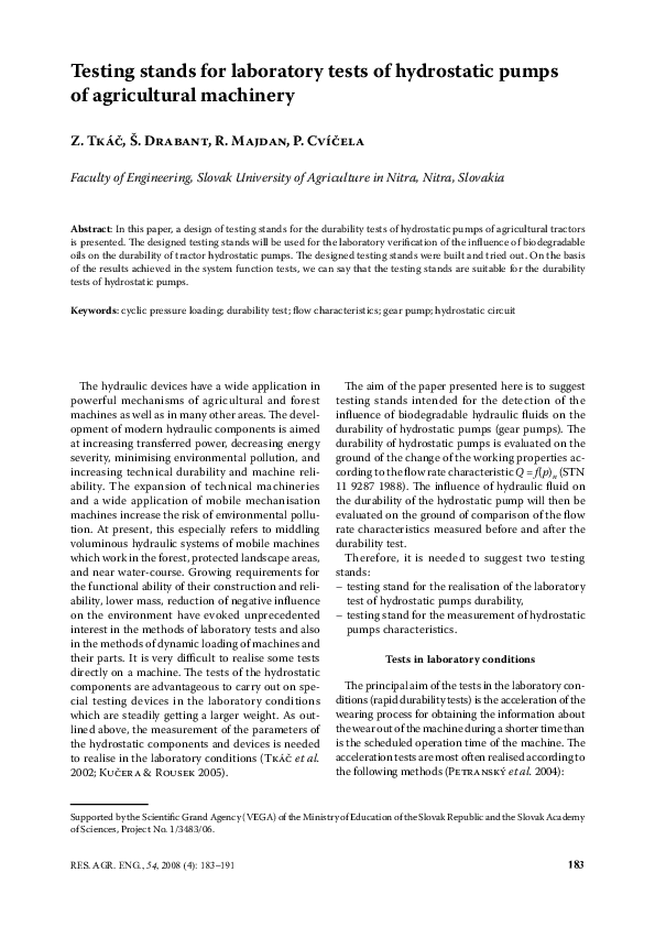 (PDF) Testing stands for laboratory tests of hydrostatic pumps of ...