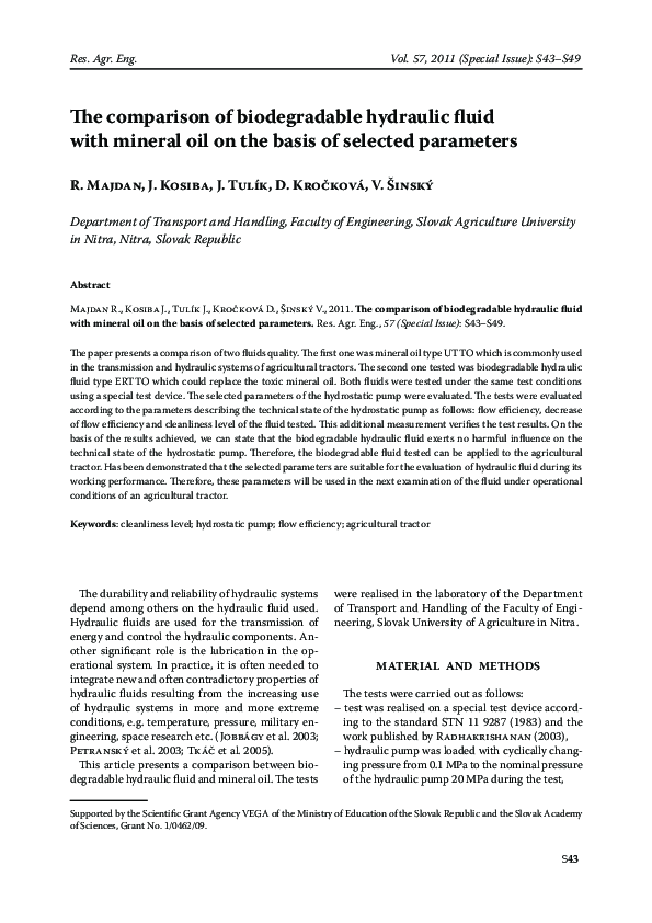 (PDF) The comparison of biodegradable hydraulic fluid with mineral oil ...