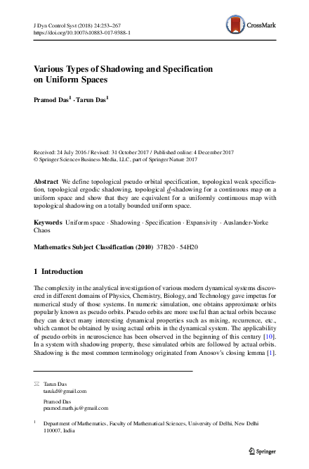 (PDF) Various Types of Shadowing and Specification on Uniform Spaces