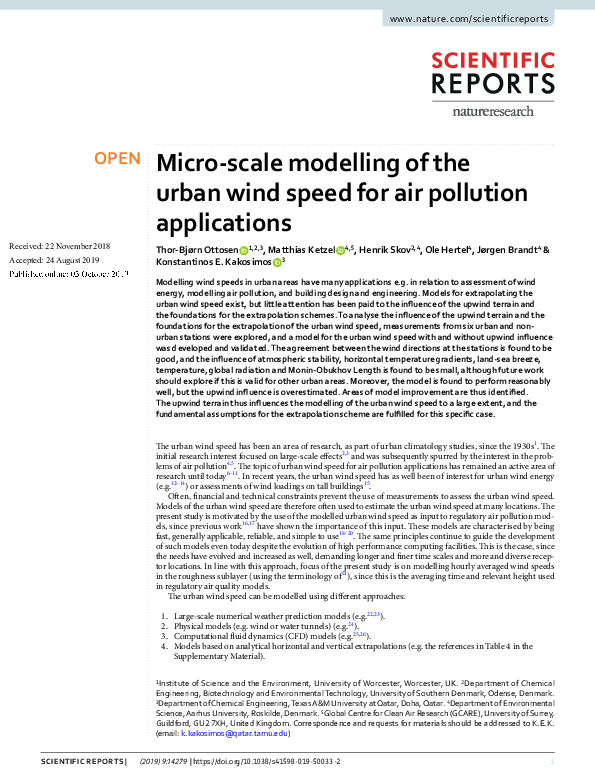(PDF) Micro-scale modelling of the urban wind speed for air pollution applications