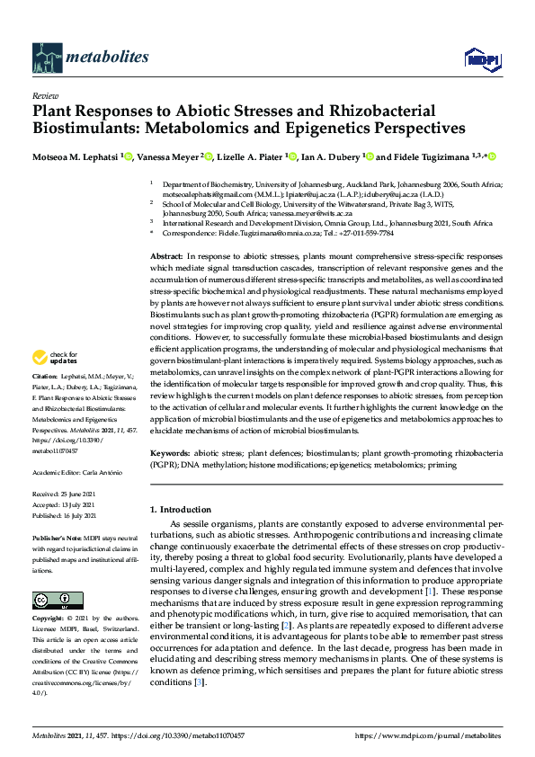 (PDF) Plant Responses to Abiotic Stresses and Rhizobacterial Biostimulants: Metabolomics and ...