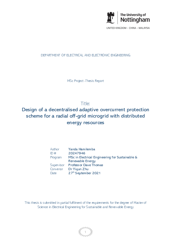 (PDF) MSc Thesis - Design of a decentralised adaptive overcurrent protection scheme for a radial ...