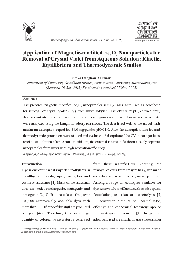 (PDF) Application of Magnetic-modified Fe3O Nanoparticles for Removal ...