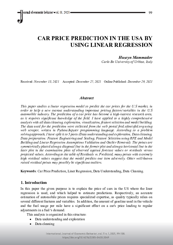 (PDF) Car Price Prediction in the USA by using Liner Regression