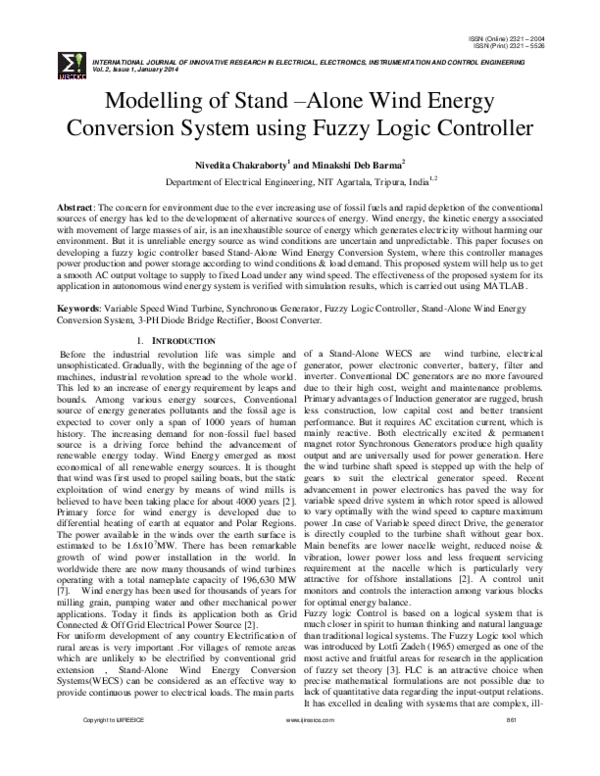 (PDF) Modelling of Stand –Alone Wind Energy Conversion System using Fuzzy Logic Controller