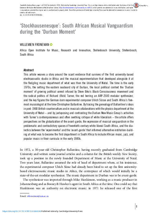 (PDF) 'Stockhausenesque': South African Musical Vanguardism during the ...