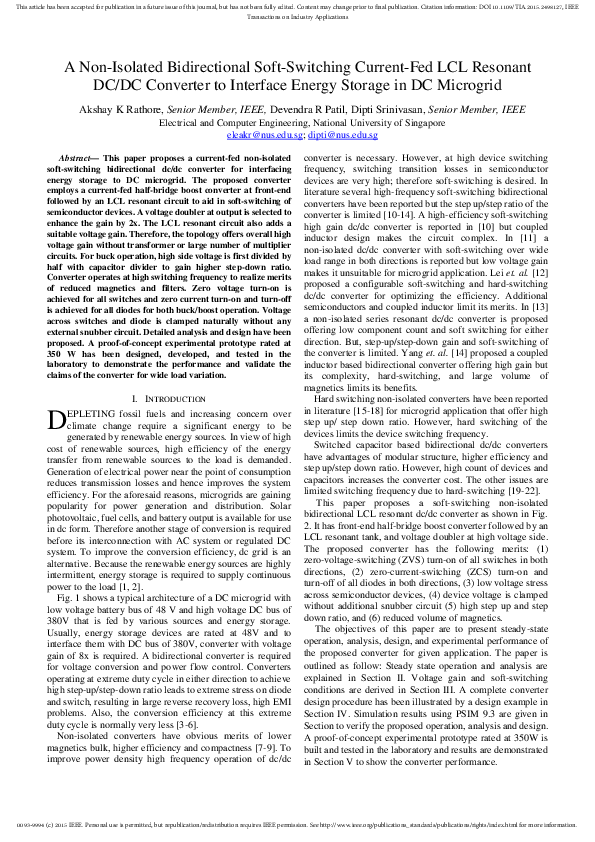 (PDF) A non-isolated bidirectional soft switching current fed LCL resonant dc/dc converter to ...
