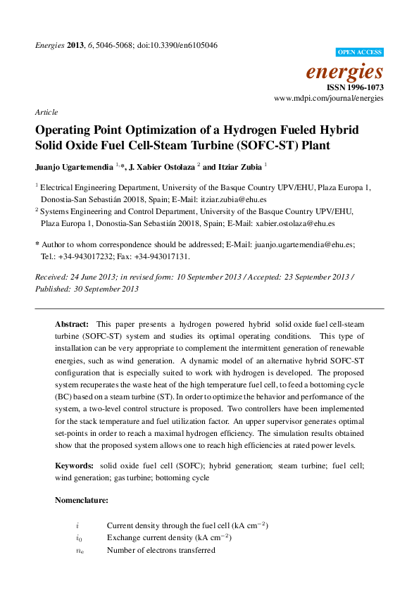 (PDF) Operating Point Optimization of a Hydrogen Fueled Hybrid Solid Oxide Fuel Cell-Steam ...