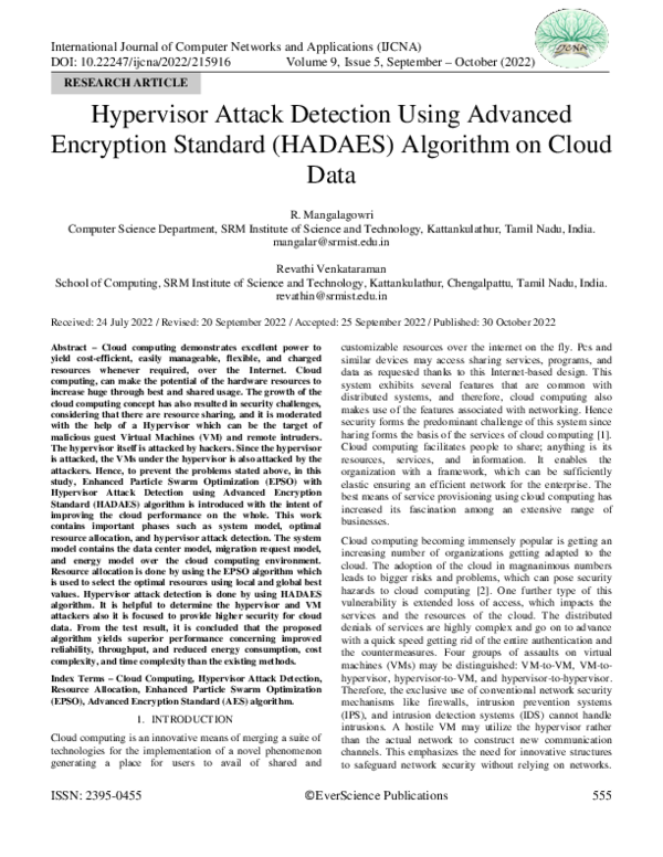 Pdf Hypervisor Attack Detection Using Advanced Encryption Standard Hadaes Algorithm On Cloud