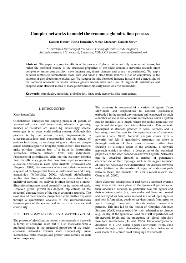 (PDF) Complex networks to model the economic globalization process